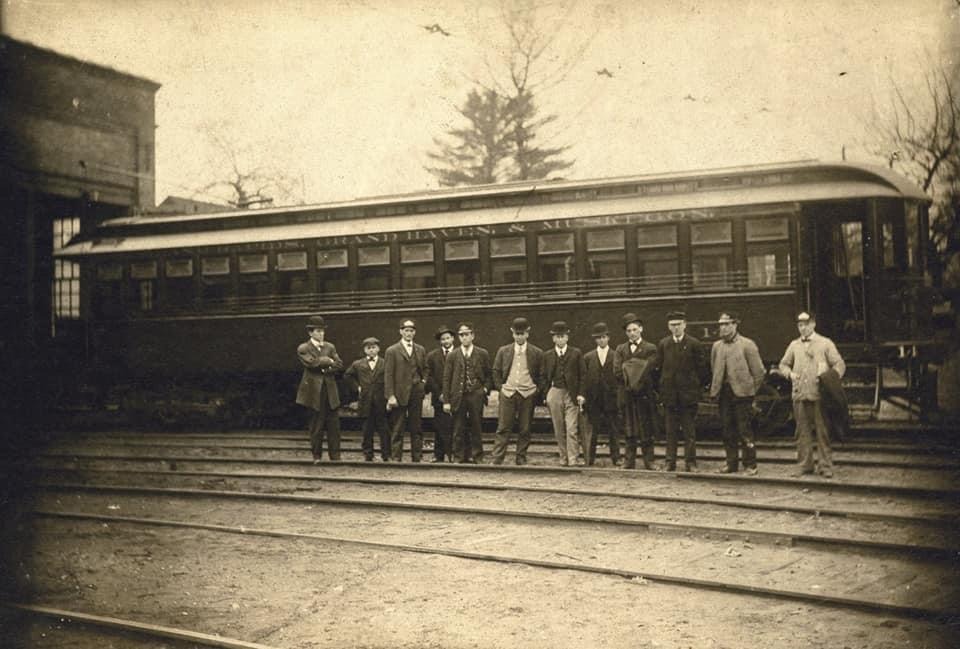 Interurban Car #14 with car conductors and other employees at the car ...